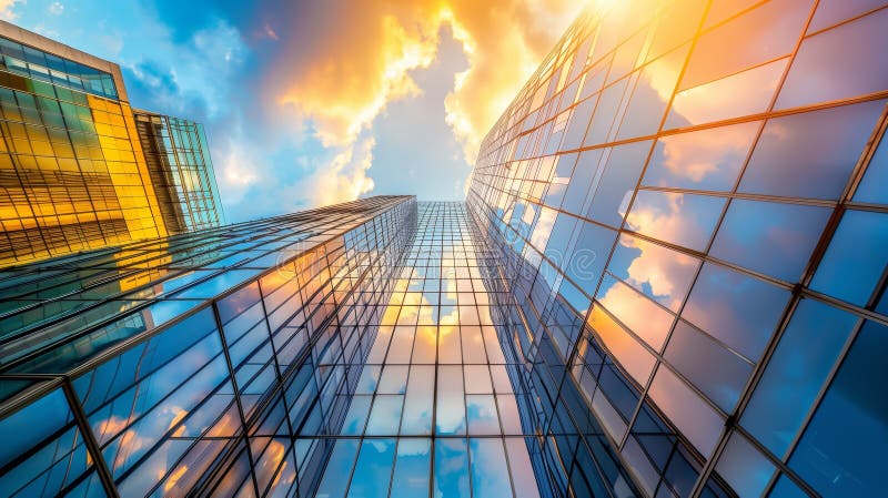 Looking Up at a Skyscraper at Sunset with the Sun Reflected in the ...