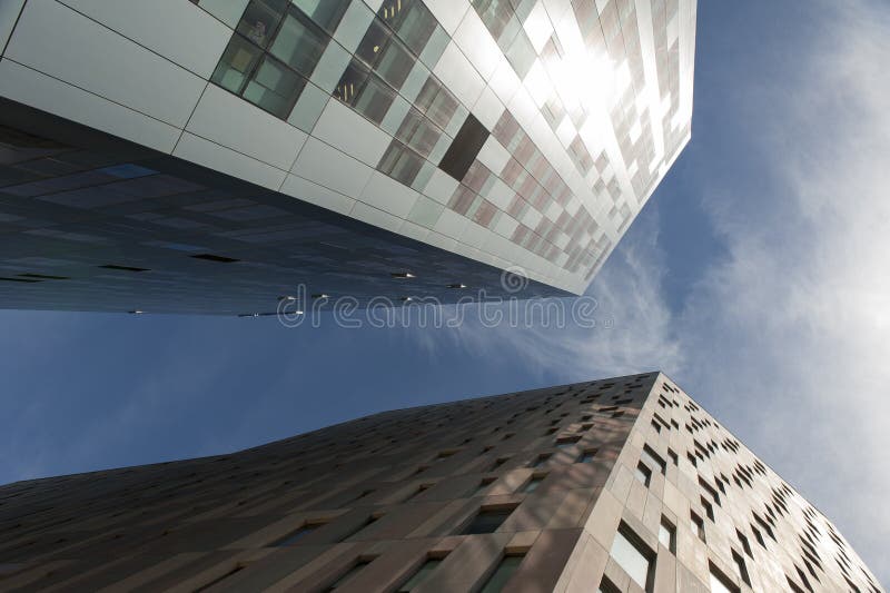 Looking Up between Skyscrapers Stock Image - Image of building, detail ...