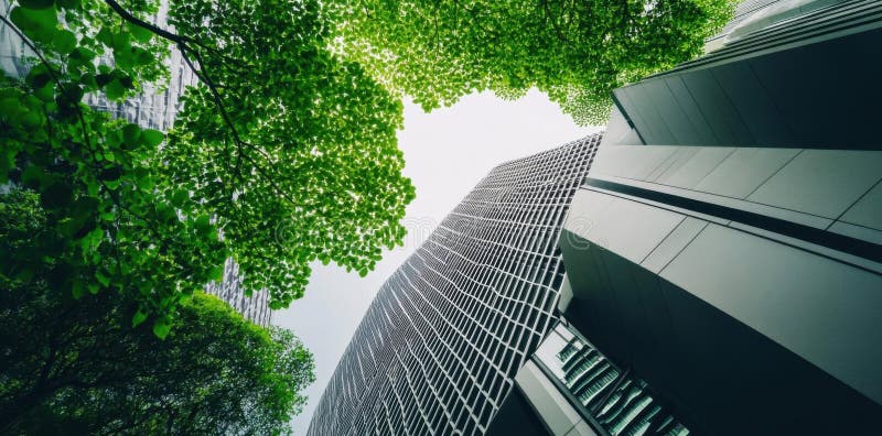 Looking Up at Skyscrapers Framed by Greenery, Cityscape Architecture ...