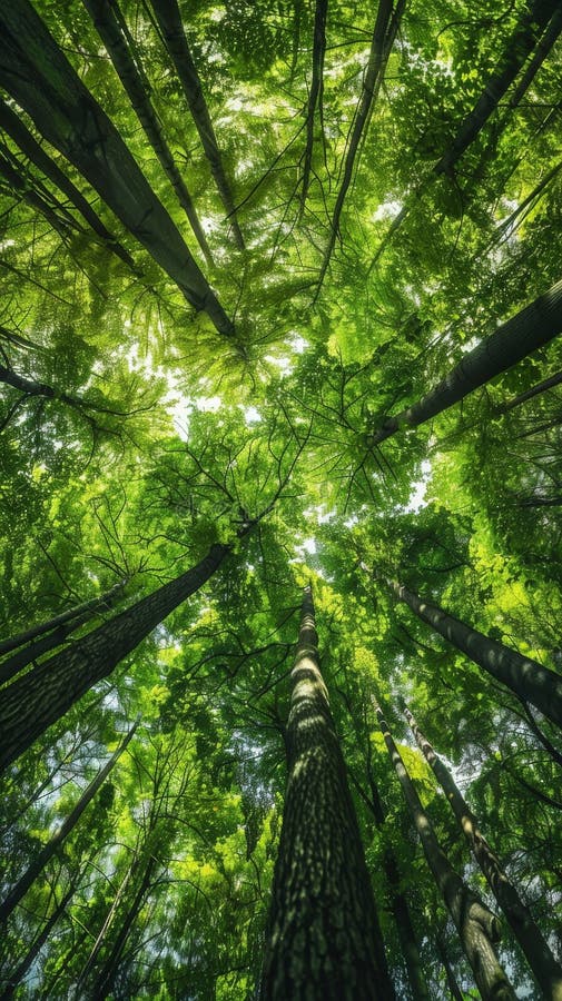 Looking Up at Tall Green Trees in a Dense Forest, Serene and Lush ...