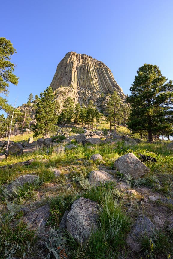 Looking Up To Devils Tower from Rocks Below Stock Photo - Image of ...