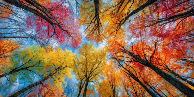 Looking Up at Vibrant Fall Leaves in a Panoramic Forest, with a ...