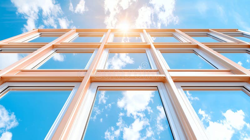 Looking Up at Windows Reflecting Blue Sky and Fluffy White Clouds Stock ...
