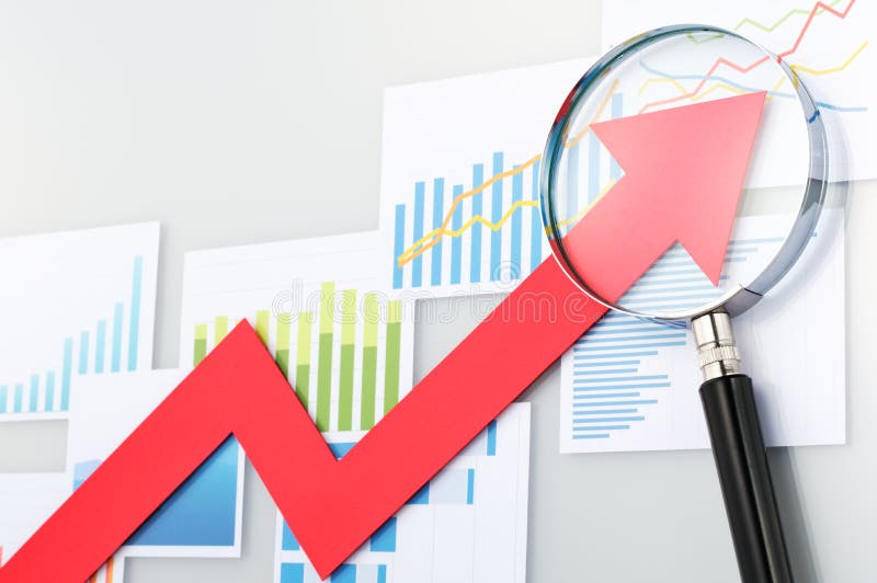 Looking Upside Growth Arrow with Magnifying Glass. Graphs and Da Stock ...