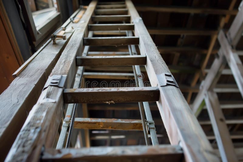 Looking Upwards at a Weathered Wooden Ladder, Showcasing Rustic Texture ...