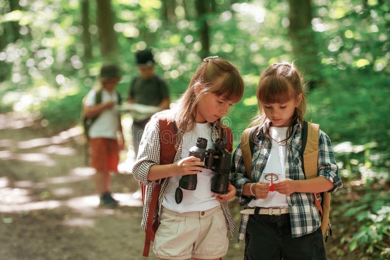 Looking for the Way. Kids in Forest at Summer Daytime Together Stock ...