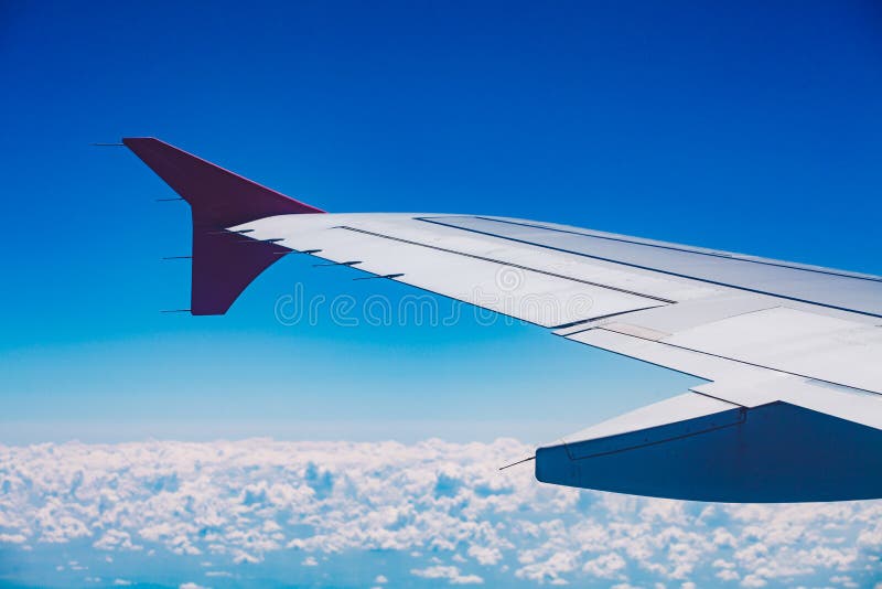 Looking through Window Aircraft during Flight in Wing Blue Sky Stock ...