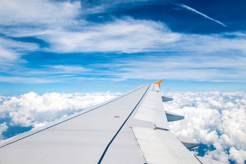 Looking through Window Aircraft during Flight in Wing with Blue Stock ...