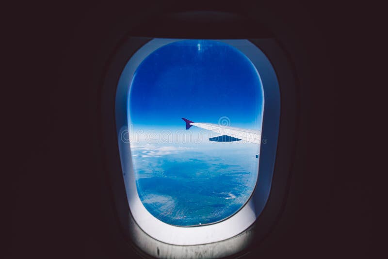 Looking through Window Aircraft during Flight in Wing Blue Sky Stock ...