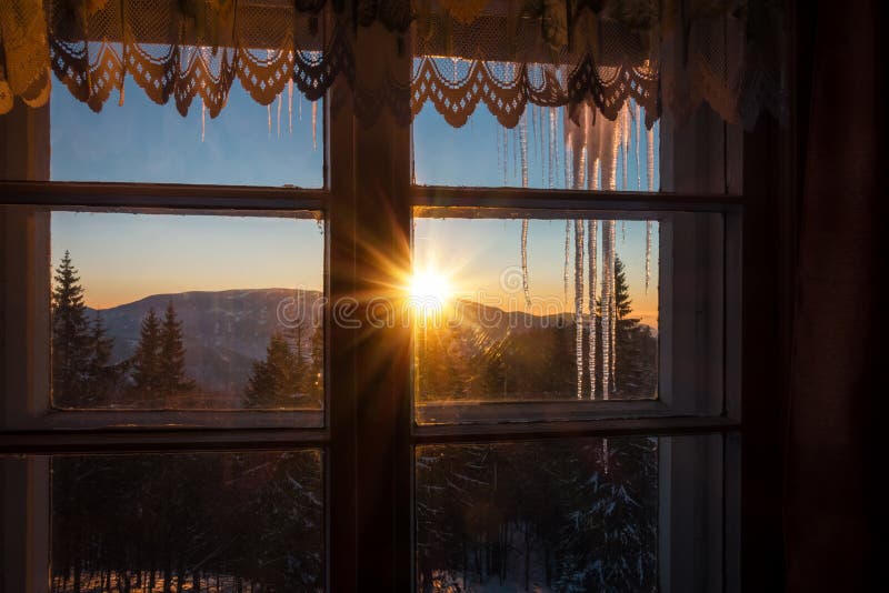 Looking through Window at Mountain Winter Sunset Stock Photo - Image of ...