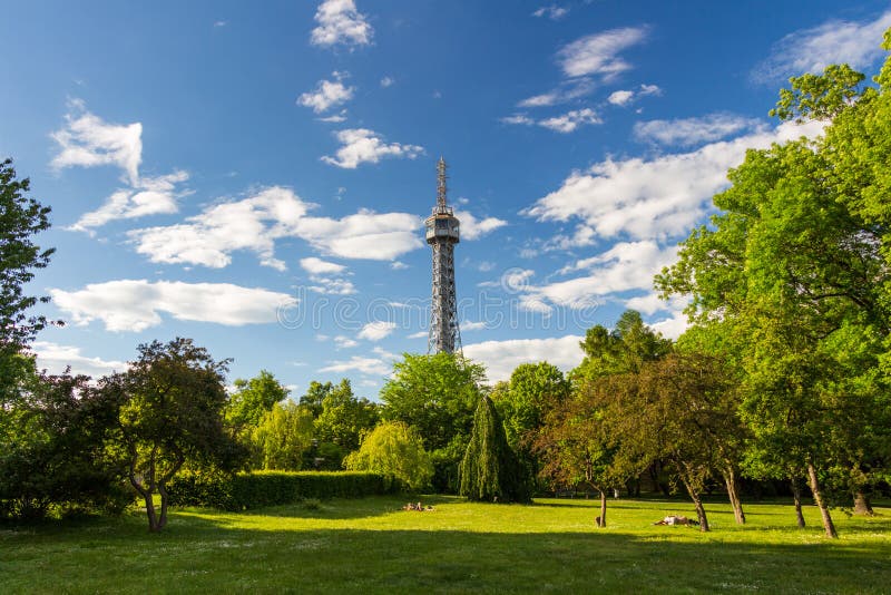 Lookout Tower on the Petrin Hill in Flowering Spring Park Stock Photo ...