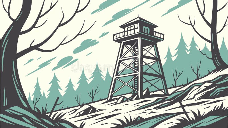 Lookout Tower in Pine Forest, Wilderness Vigilance, Vector Design ...