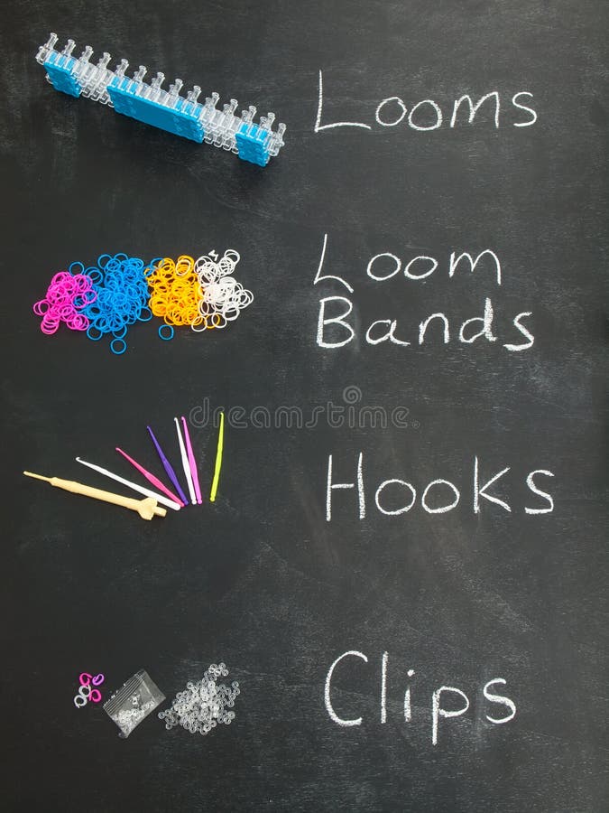 Loom bands on a blackboard stock image. Image of elastics - 41313607
