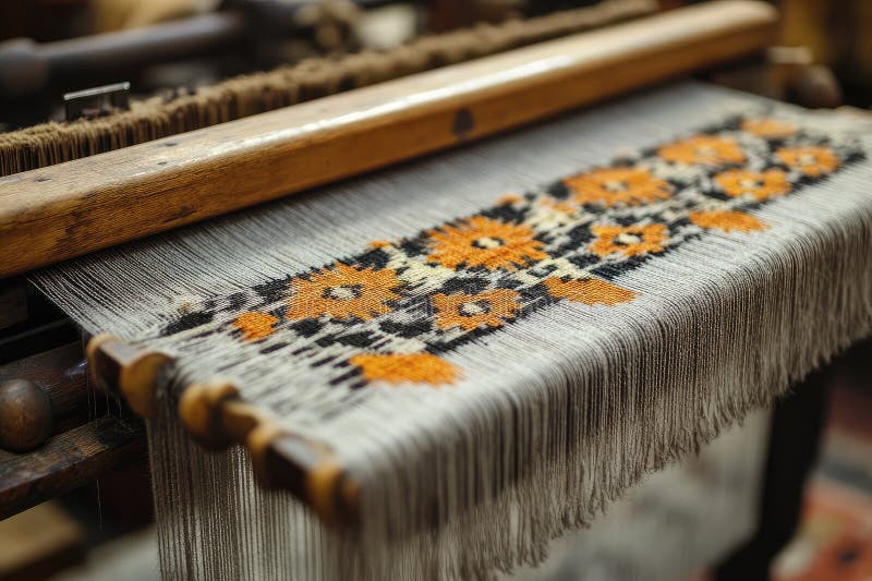 A Loom Weaving a Complex Design with Multiple Threads Stock ...