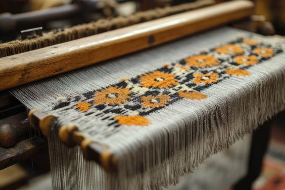 A Loom Weaving a Complex Design with Multiple Threads Stock ...