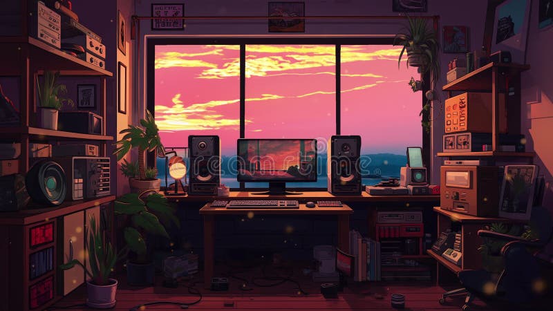 Loop Animated Virtual Bedroom Interior with City Sunset View from ...