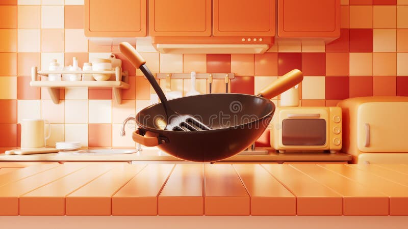 Loop Animation of Cookware in the Kitchen Room with Cartoon Style, 3d ...