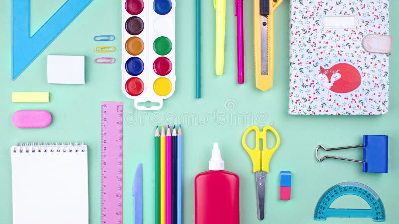 Loop Animation. Flat Lay School Supplies on the Table, Frame of ...