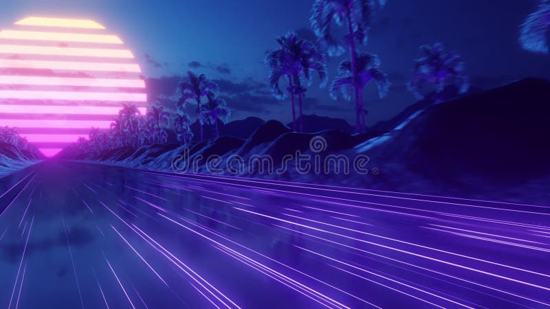 Neon-lit Retro-futuristic Landscape with a Classic Car, Seamless Loop ...