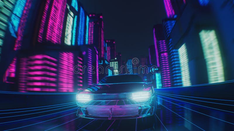 Loop of a Cyber Neon Car through the Night City in Skyscrapers Stock ...
