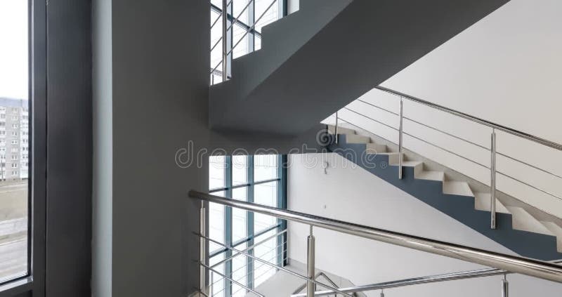 Loop Rotation and Panoramic View in Empty Modern Hall with Emergency ...