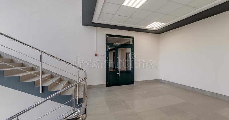 Loop Rotation and Panoramic View in Empty Modern Hall with Stairs ...
