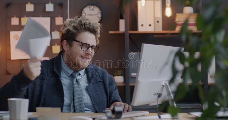 Loop of Tired Businessman Working with Computer Typing and Waving ...