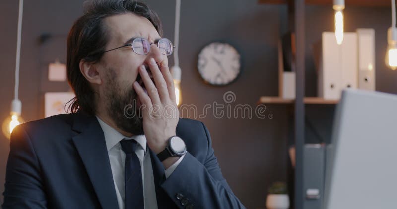 Loop of Tired Middle Eastern Employee Yawning Feeling Exhausted Working ...