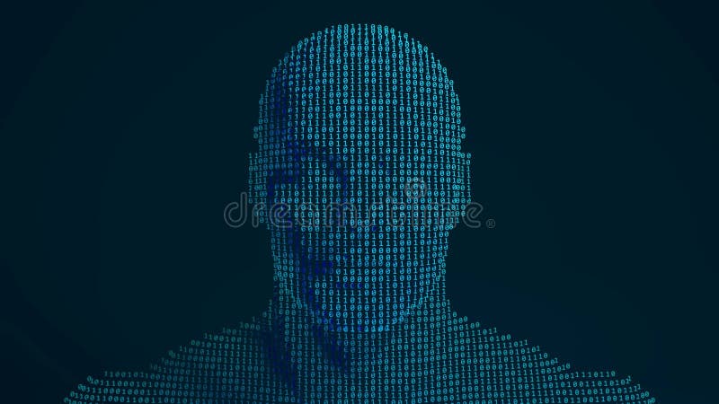 Looping Binary Code Animation Forming A Futuristic Human Silhouette With Moving Digital Patterns