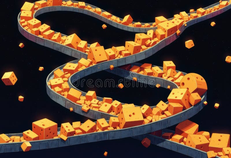 Looping Conveyor Belts of Stylized Cheese Cubes Moving through a Black ...