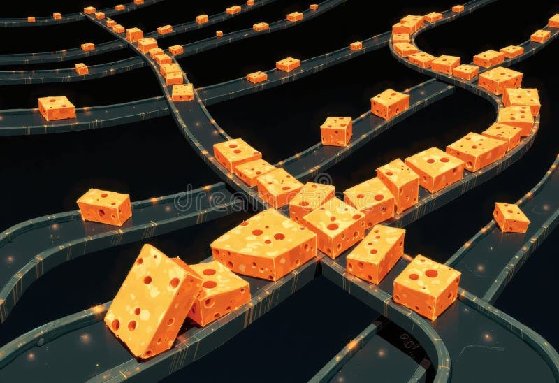 Looping Conveyor Belts Transporting Stylized Cheese Cubes in a Black ...