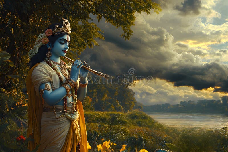 Lord Krishna with His Flutes with a Dramatic Background Stock ...