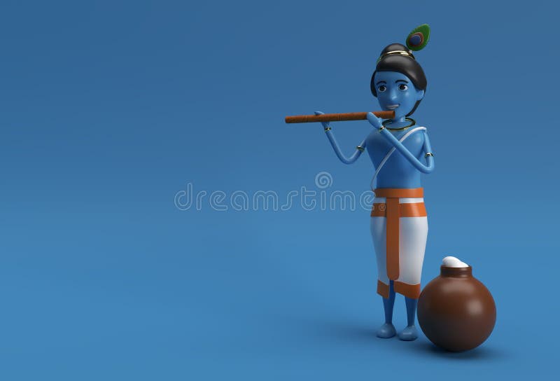 Lord Krishna Playing Bansuri Flute with a Pot of Butter. 3D Render ...