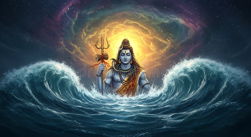 Lord Shiva Commanding the Ocean Waves, Generative Ai Stock Illustration ...