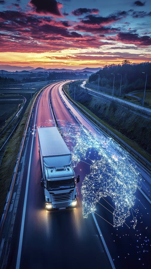 Lorry Under Colorful Sky with Network Map Overlay Stock Illustration ...