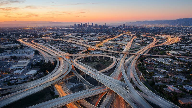 Los Angeles Dawn Freeway Interchange, Cityscape Backdrop Stock Photo ...