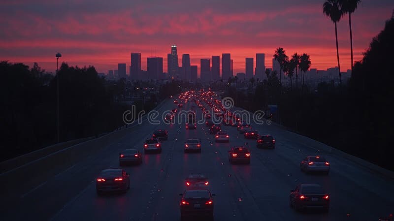 Los Angeles Freeway Sunset Cityscape Traffic Stock Illustration ...