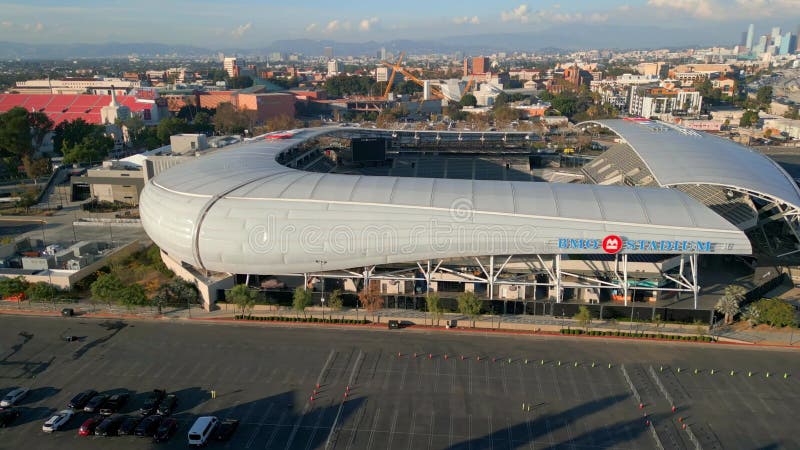 Los Angeles Sky Line and BMO Stadium and Los Angeles Memorial Coliseum ...
