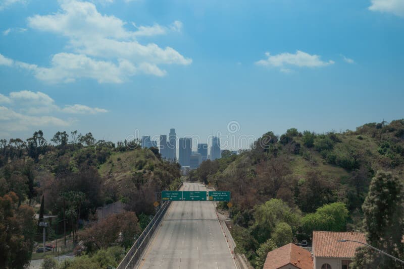 Los Angeles Skyline and Empty 110 Freeway, Los Angeles, California ...