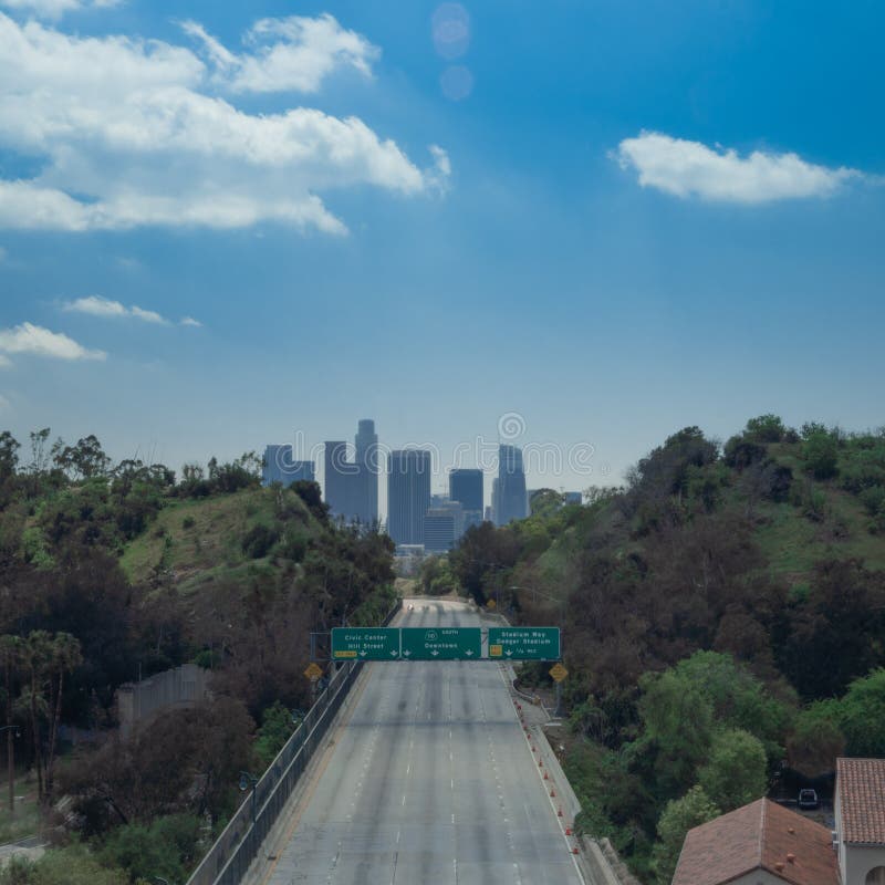 Los Angeles Skyline and Empty 110 Freeway, Los Angeles, California ...