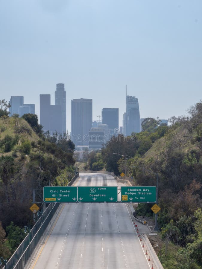 Los Angeles Skyline and Empty 110 Freeway, Los Angeles, California ...