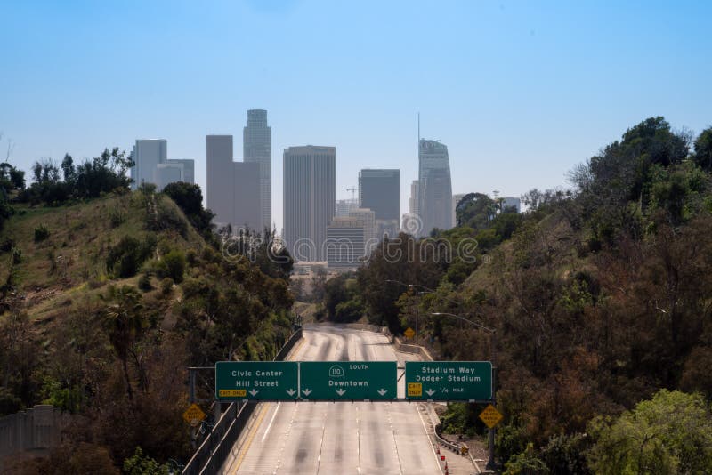 Los Angeles Skyline and Empty 110 Freeway, Los Angeles, California ...