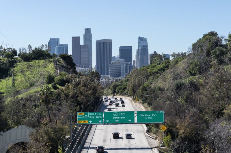 Los Angeles 110 Freeway Skyline Stock Photo - Image of cityscape, city ...