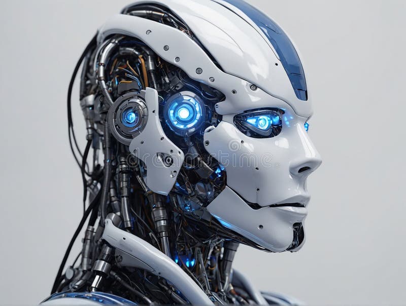 The Head of a Robot in Profile with Glowing Blue Eyes on a Light ...