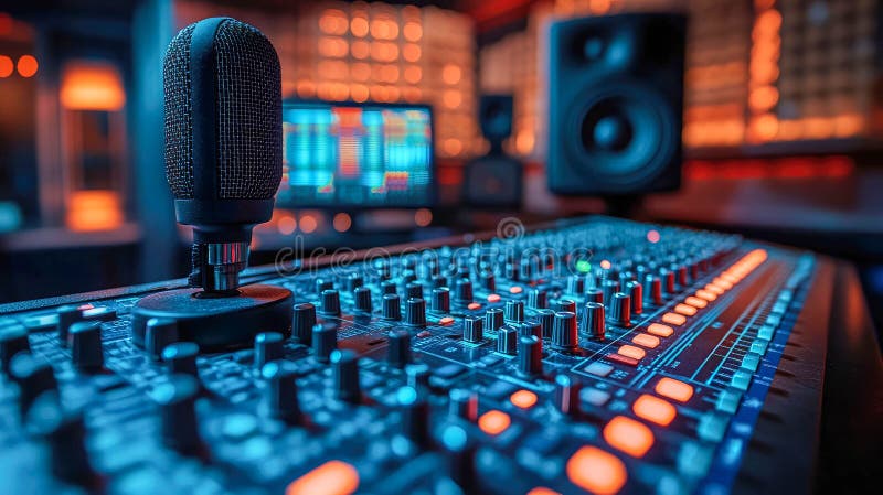 Lose-up of a Podcast Microphone and Audio Mixer with Glowing LED ...