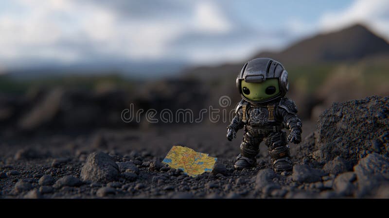 Lost Alien Pilot with a Crumpled Map on a Desolate, Rocky Planet ...