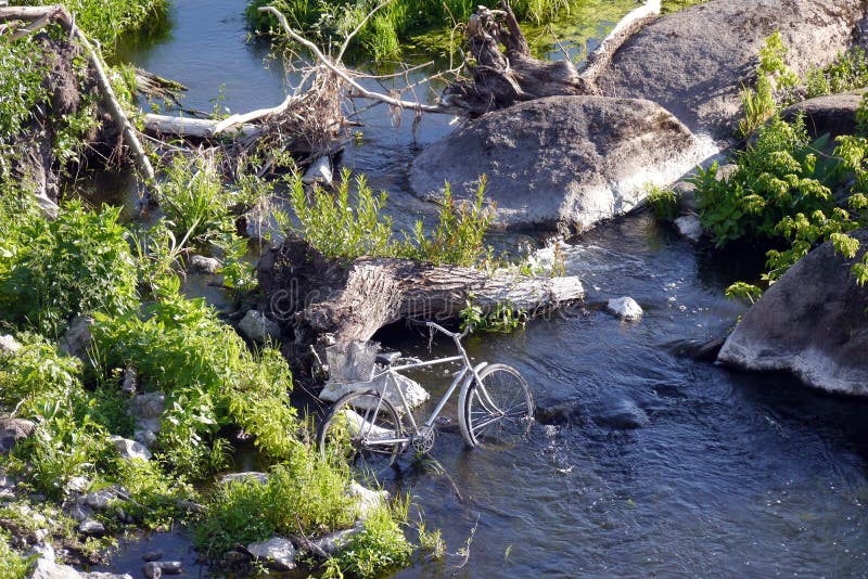 Lost Bicycle in the River. Summer. Stock Image - Image of bicycle, poor ...