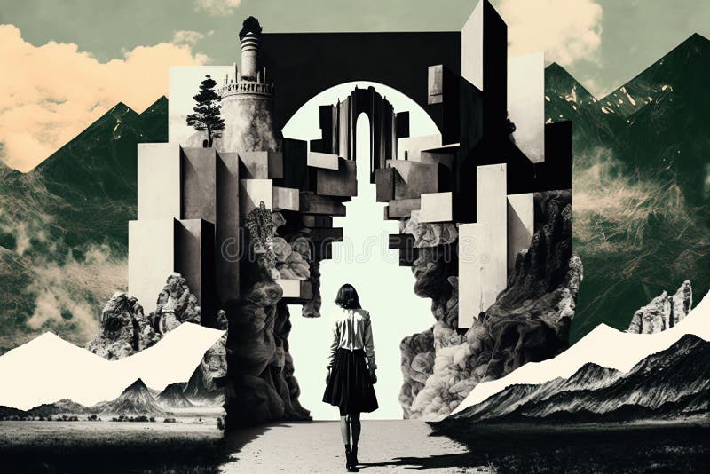 Lost in Dreams Collage, Man in His Inner World Making Plans Created ...