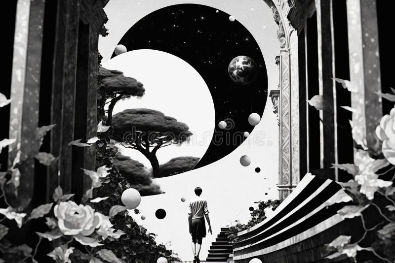 Lost in Dreams Collage, Man in His Inner World Making Plans Created ...