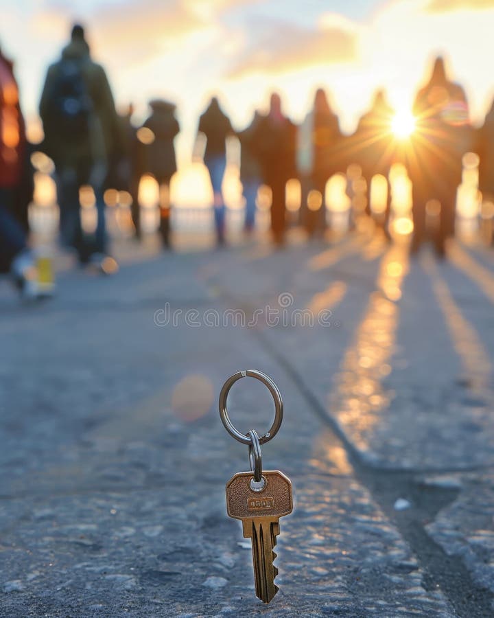 Lost Key on Pavement with Silhouetted People in Sunset Urban Scene ...